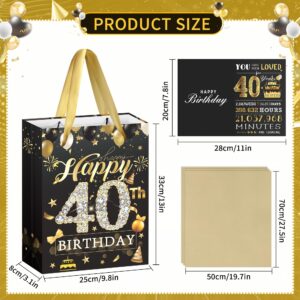 EoBeCy 40th Birthday Gift Bag: Black Gold Happy Birthday Gift Bag with Card and Tissue Papers for 40 Year Old Men Women Birthday Gift Wrap Bags with Handles for 40th Birthday Party Gift Bags