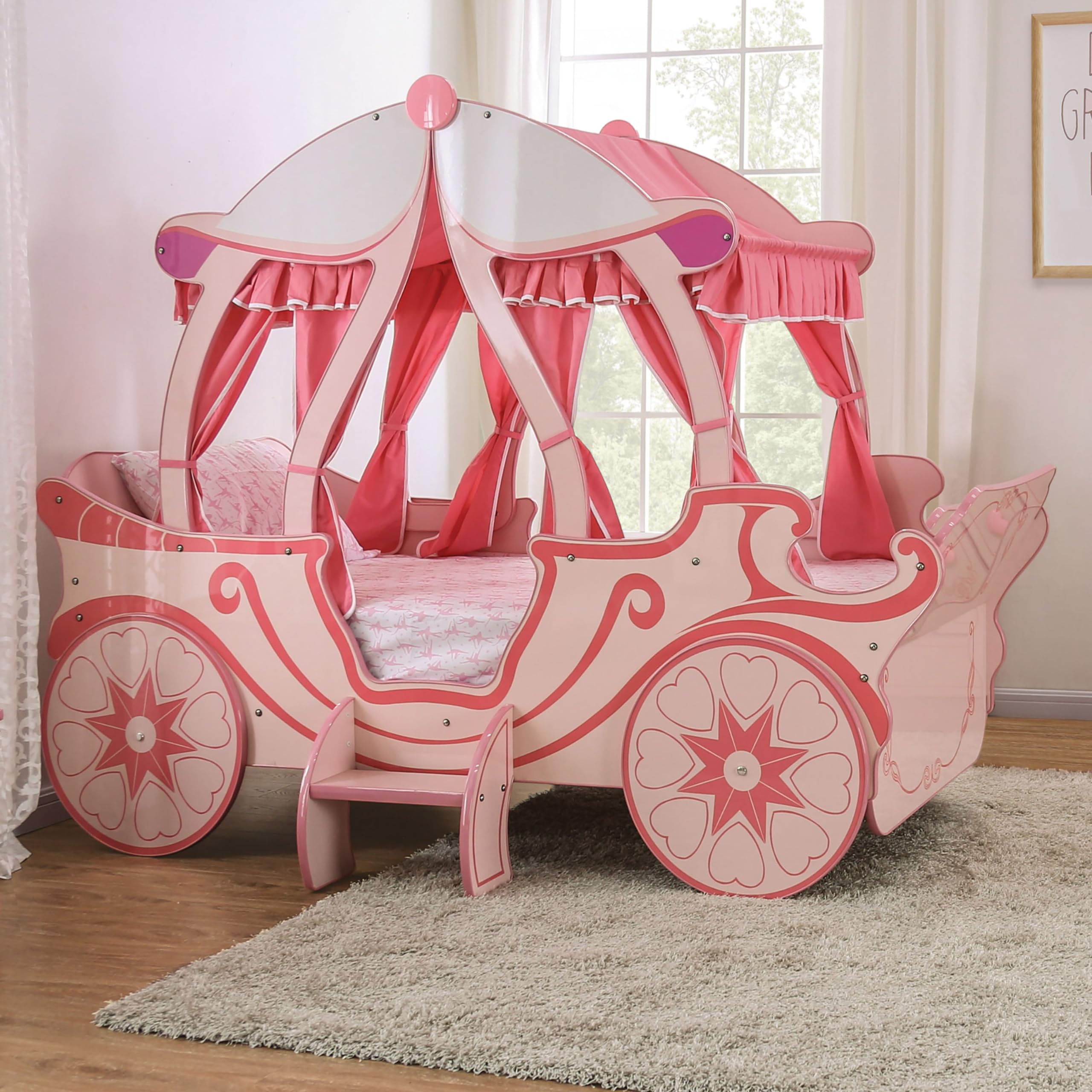 Furniture of America McHenry Twin-Size Kids Bed with Princess Carriage Design, Curtain and Slat Kit Included, Small Ladder, No Box Spring Required for Girls, Pink