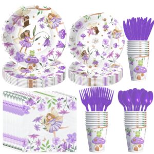 xenorik fairy party decorations tableware - purple fairy birthday party supplies, paper plate, cup, napkin, cutlery, flower fairies princess enchanted forest garden baby shower decorations | serve 24