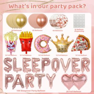 Sleepover Party Supplies for Girls - Rose Gold Sleepover Party Balloon Banner Large Popcorn Donut Pizza Crown Foil Balloons Girls Night Slumber Pajamas Spa Party Birthday Party Decorations