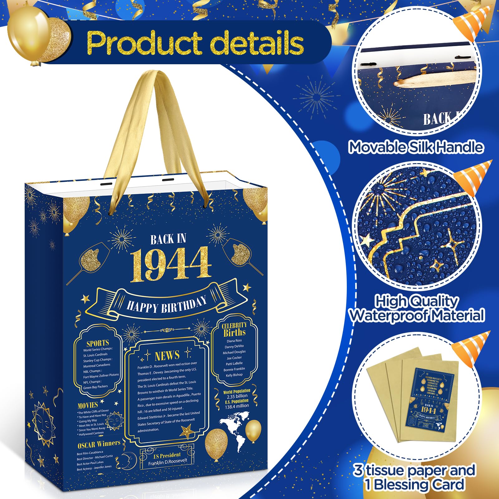 Blue 80th Birthday Gift Bag, 16" Large Size Navy Blue Gold Back in 1944 Happy Birthday Gift Wrap Bag Decorations with Tissue Paper Back in 1944 Card for Men 80 Anniversary Party Wrapping Bags Supplies