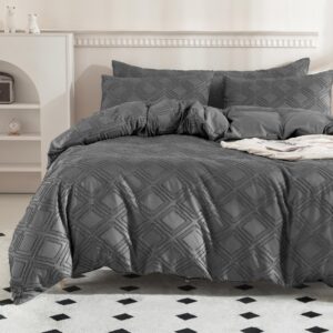 jellymoni dark grey duvet cover queen size - 3 pcs microfiber tufted duvet cover set, boho textured duvet cover jacquard rhombus geometric pattern duvet cover with corner ties & zipper closure