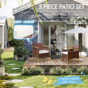 3 piece Outdoor Patio Furniture Set Outdoor Furniture Set with Table Outside Lawn Patio Chairs Set of 2 Patio Conversation Sets Bistro Wicker Patio Set for Porch Balcony Backyard Pool Deck(Brown)