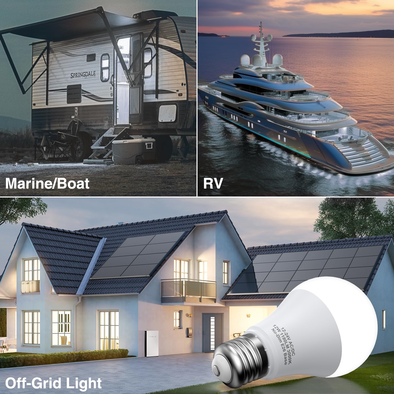 12V LED Light Bulbs, 12W 1050LM Daylight 5000K, 80W Equivalent 12-24Volt Low Voltage E26 Base AC/DC Light Bulbs for Off Grid Solar Lighting Marine Boat, A19 RV Light Bulbs Landscape Garden Yard