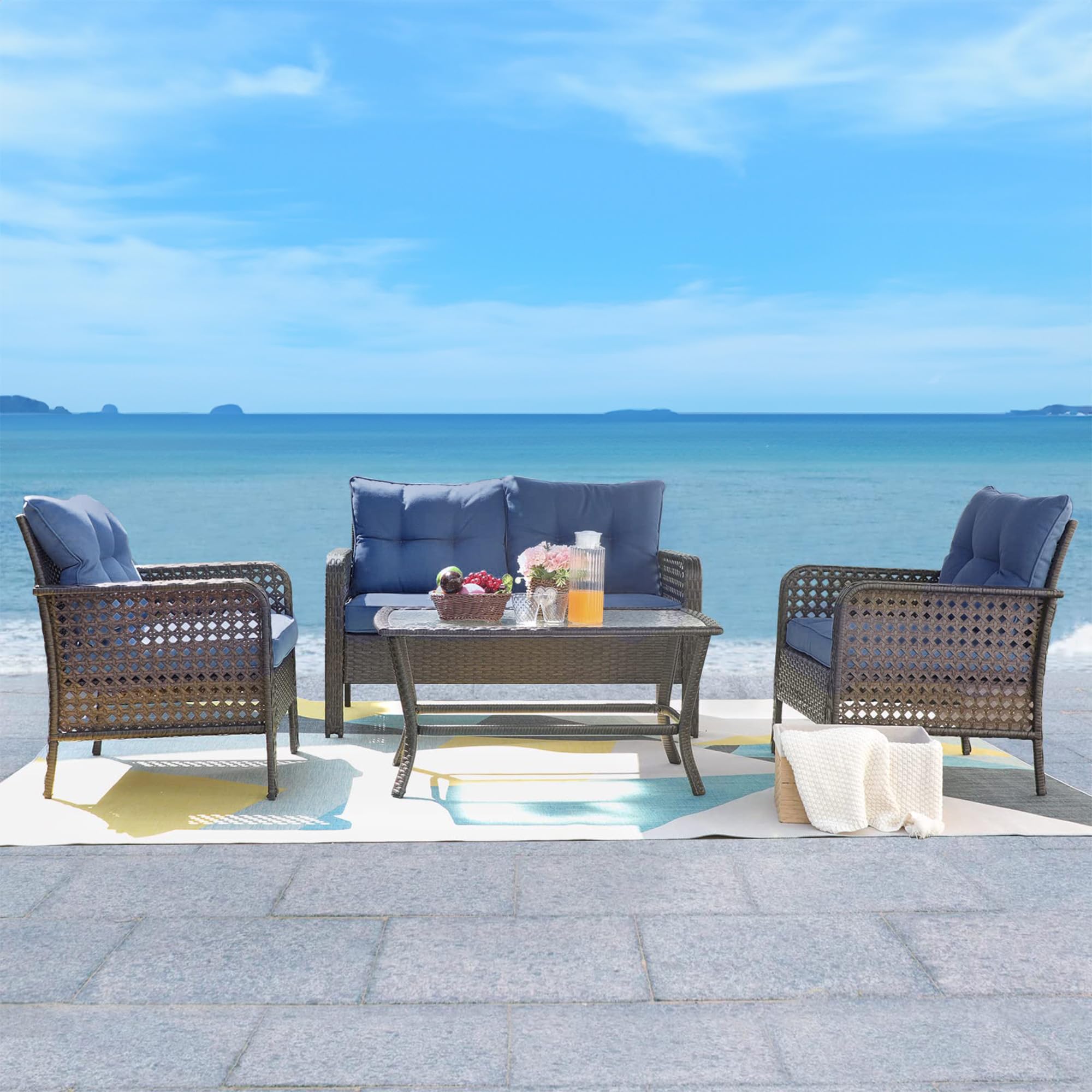 RoyalCraft 4 Pieces Patio Furniture Set, Outdoor Rattan Chair Wicker Conversation Sets with Cushions and Glass Coffee Table, for Porch Balcony Garden Backyard Deck, Brown and Navy