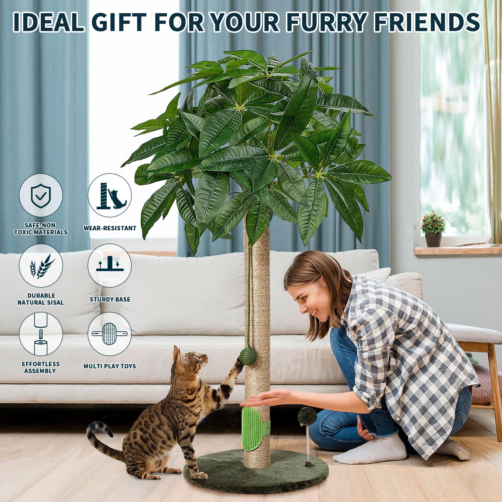 Cat Scratching Post 33" Scratching Posts for Indoor Cats Adults and Kitten, Cat Scratching Post Tall with Sisal Rope, Cute Cat Tree Scratching Post with Hanging Ball