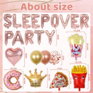 Sleepover Party Supplies for Girls - Rose Gold Sleepover Party Balloon Banner Large Popcorn Donut Pizza Crown Foil Balloons Girls Night Slumber Pajamas Spa Party Birthday Party Decorations