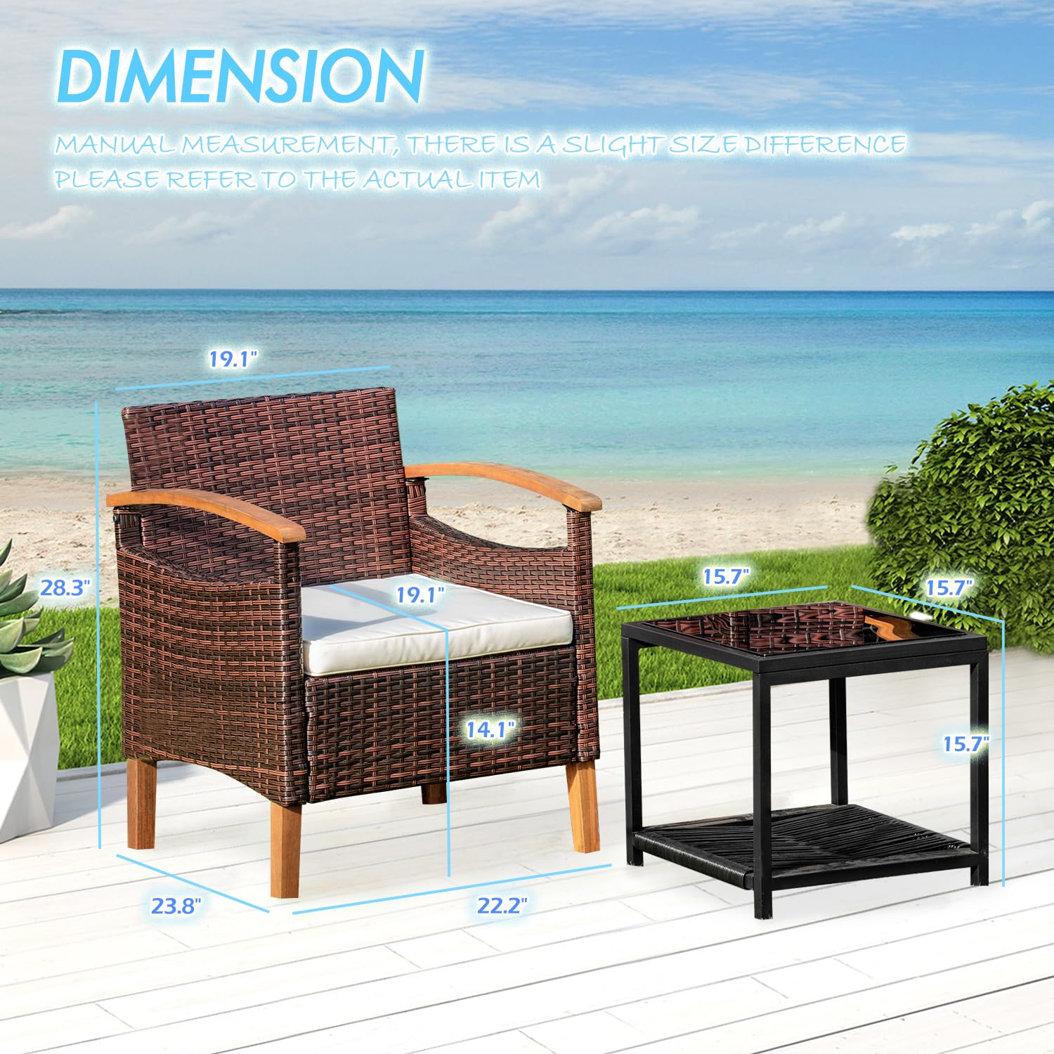 3 piece Outdoor Patio Furniture Set Outdoor Furniture Set with Table Outside Lawn Patio Chairs Set of 2 Patio Conversation Sets Bistro Wicker Patio Set for Porch Balcony Backyard Pool Deck(Brown)