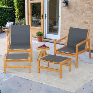 Greesum 4 Piece Furniture Outdoor Acacia Wood Chair with Ottoman for Porch, Balcony, Deck, Patio, Backyard, Gray