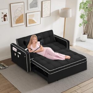 3 in 1 convertible sleeper sofa,55.5" velvet tufted pull out couch bed,loveseat futon sofa chaise lounge with adjustable backrest&phone holder for living room,office,apartment,small space(black)