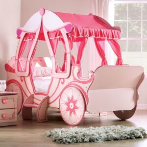 Furniture of America McHenry Twin-Size Kids Bed with Princess Carriage Design, Curtain and Slat Kit Included, Small Ladder, No Box Spring Required for Girls, Pink