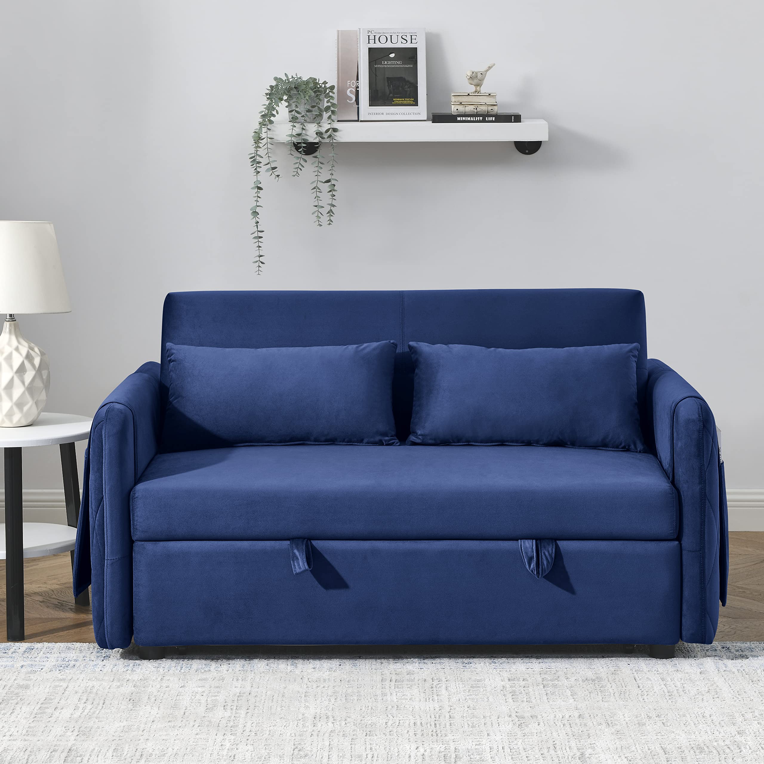 Miscoos 55" Velvet Convertible Sofa Modern Loveseat with Pull-Out Bed, Adjustable Backrest, Detachable Arm Pockets, Grid Design Armrests, and 2 Pillows-Ideal for Living Room, Blue