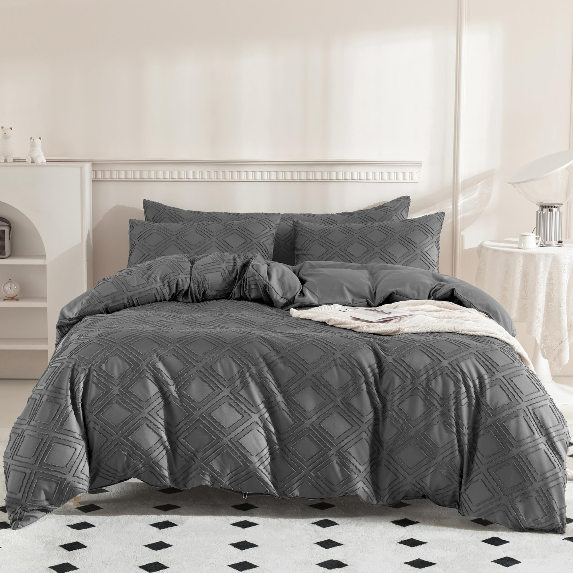 JELLYMONI Dark Grey Duvet Cover Full Size - 3 PCS Microfiber Tufted Duvet Cover Set, Boho Textured Duvet Cover Jacquard Rhombus Geometric Pattern Duvet Cover with Corner Ties & Zipper Closure