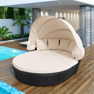 lumisol patio round daybed with retractable canopy, outdoor rattan sectional sofa set, rattan canopy bed with washable cushions for backyard garden porch poolside, beige