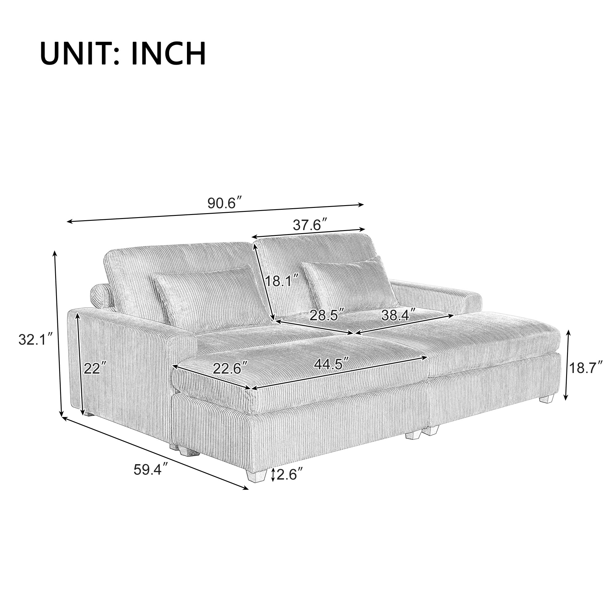 Tmsan 90.6" Modular Sectional Sofa, Corduroy Cloud Loveseat Sofa Sleeper Couch Bed, Comfy Deep Seat Double Chaise Couch Set with 2 Ottomans & 2 Pillows for Living Room Apartment Office