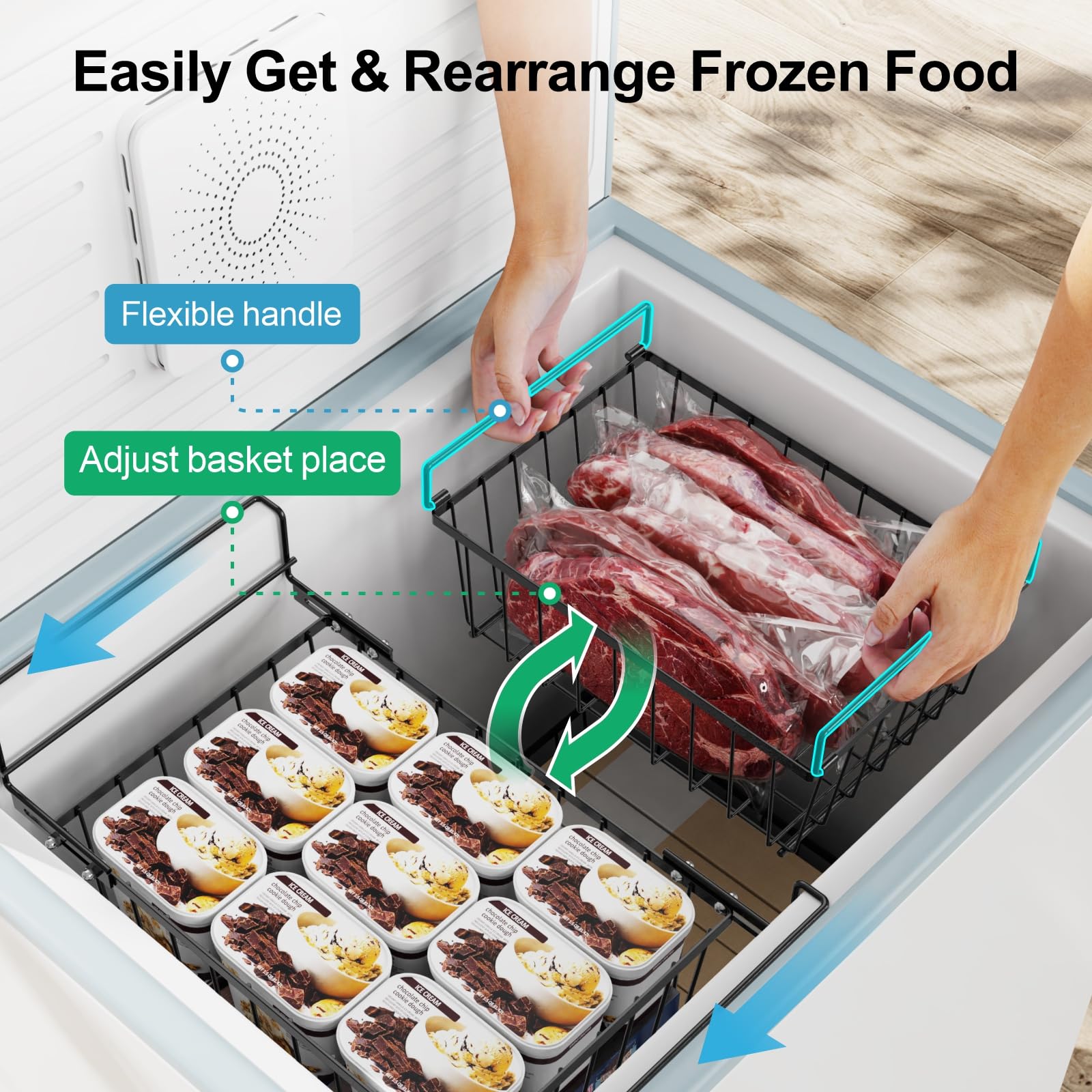 iSPECLE 4 Pack Freezer Organizer Bins - Fit 5 Cu.FT Chest Freezer, 1 Expandable Hanging Bin and 3 Pack Stackable Deep Freezer Organizer, Sort and Get Frozen Food Easily with Handle, Black