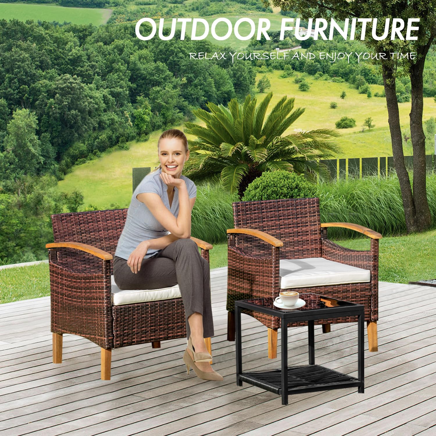 3 piece Outdoor Patio Furniture Set Outdoor Furniture Set with Table Outside Lawn Patio Chairs Set of 2 Patio Conversation Sets Bistro Wicker Patio Set for Porch Balcony Backyard Pool Deck(Brown)