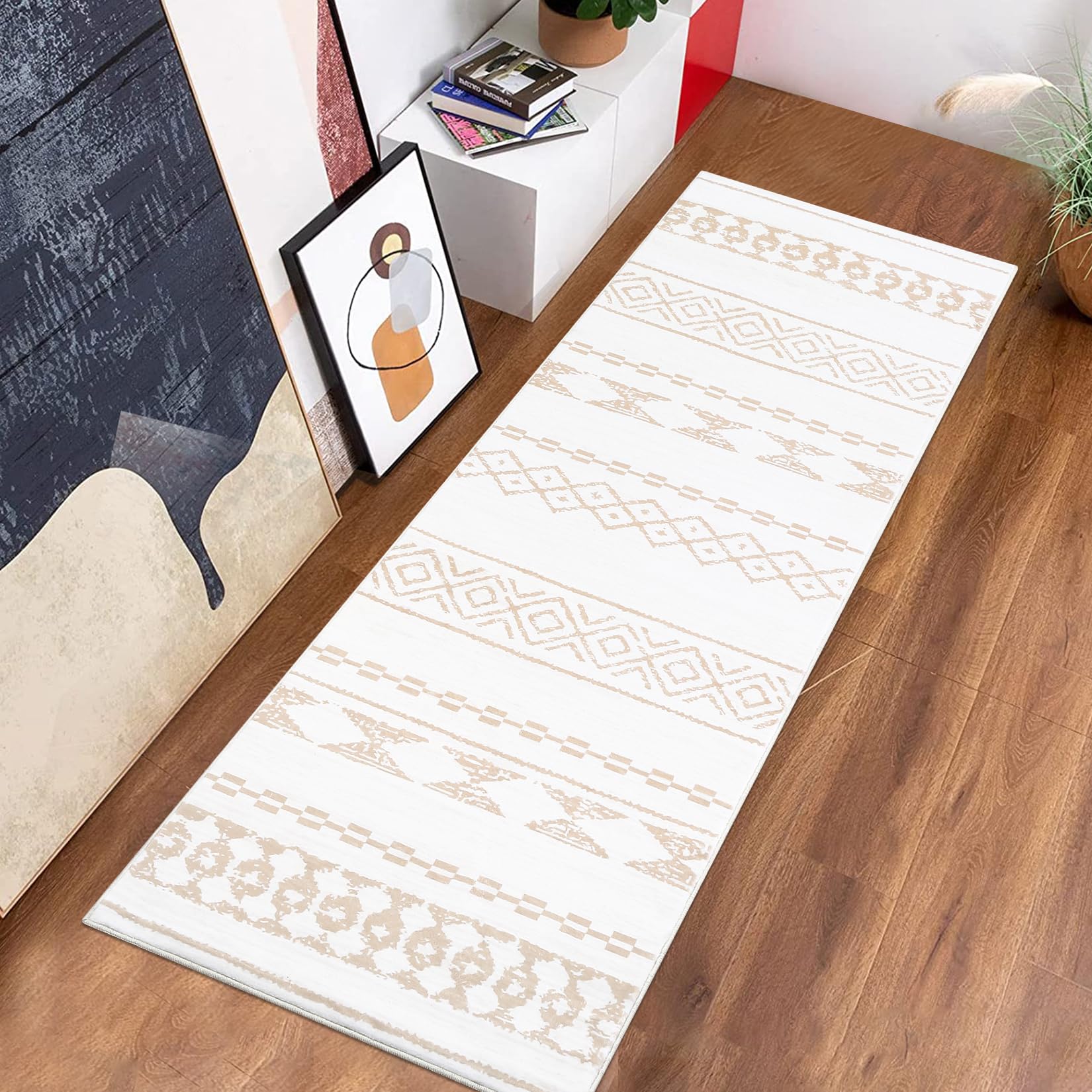 ROYHOME 2x8 Long Hallway Runner Rug Kitchen Rug Runner Moroccan Area Rug Mat Boho Farmhouse Washable Runner Rug Mat for Living Room Entryway Hallway Laundry, 2' x 8' Beige