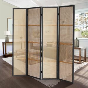 leesinwing wood room divider, 4 panels room dividers and folding privacy screens, hand-woven rattan room divider wall freestanding room partitions screen for home office bedroom, black