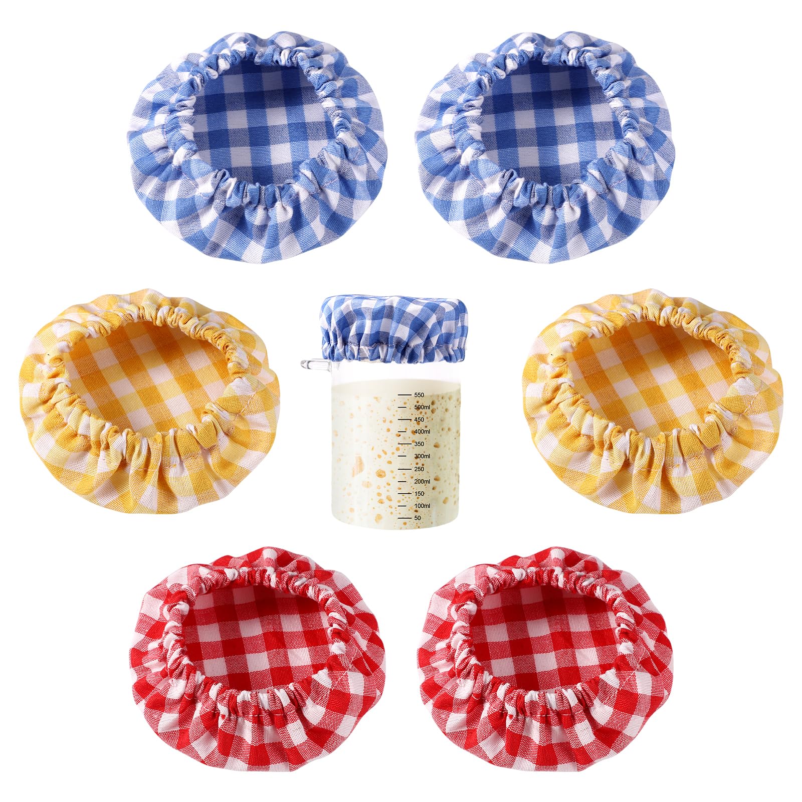 6pcs Jar Cloth Covers, Plaid Cloth Jar Covers Elastic Unbleached Cloth lid Reusable Sourdough Starter Bowl Cover Dough Basket Cover Preserving Lids for 3-4 Inch Jar Mouth Baking Supplies