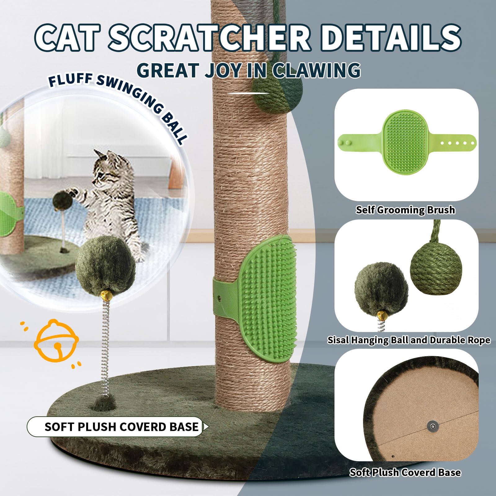 Cat Scratching Post 33" Scratching Posts for Indoor Cats Adults and Kitten, Cat Scratching Post Tall with Sisal Rope, Cute Cat Tree Scratching Post with Hanging Ball