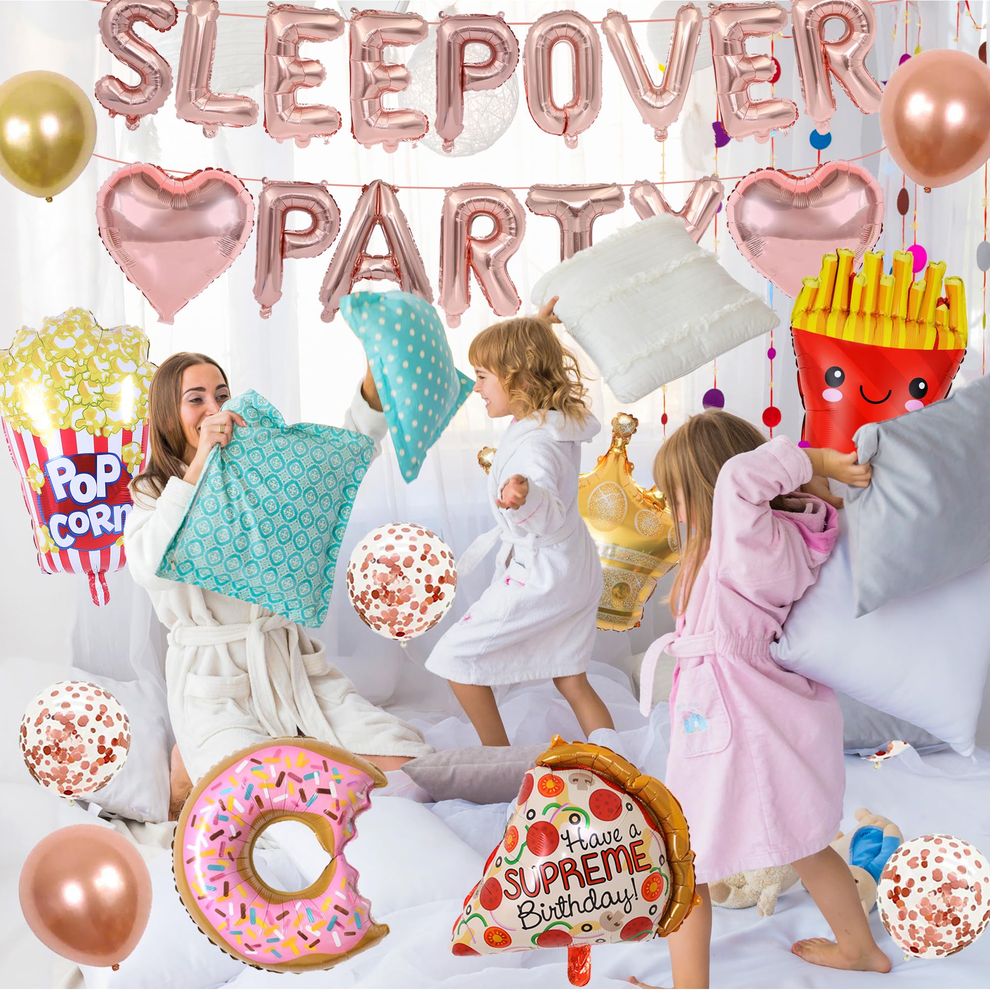 Sleepover Party Supplies for Girls - Rose Gold Sleepover Party Balloon Banner Large Popcorn Donut Pizza Crown Foil Balloons Girls Night Slumber Pajamas Spa Party Birthday Party Decorations