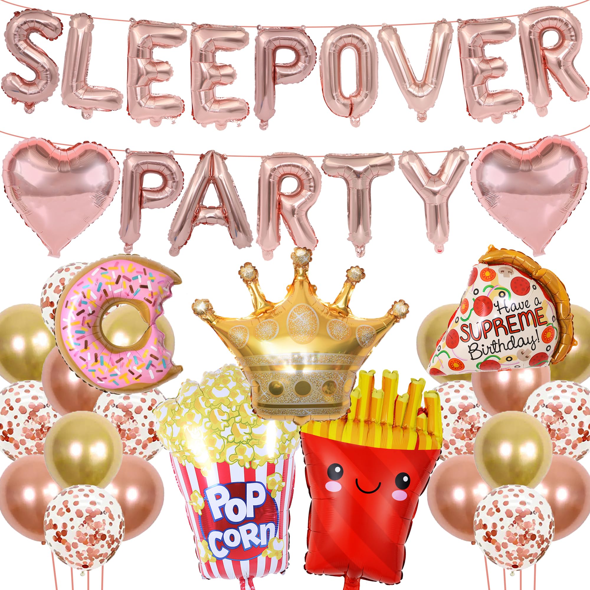 Sleepover Party Supplies for Girls - Rose Gold Sleepover Party Balloon Banner Large Popcorn Donut Pizza Crown Foil Balloons Girls Night Slumber Pajamas Spa Party Birthday Party Decorations