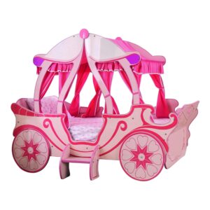 furniture of america mchenry twin-size kids bed with princess carriage design, curtain and slat kit included, small ladder, no box spring required for girls, pink