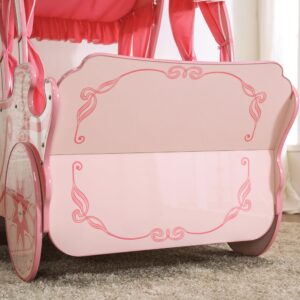 Furniture of America McHenry Twin-Size Kids Bed with Princess Carriage Design, Curtain and Slat Kit Included, Small Ladder, No Box Spring Required for Girls, Pink