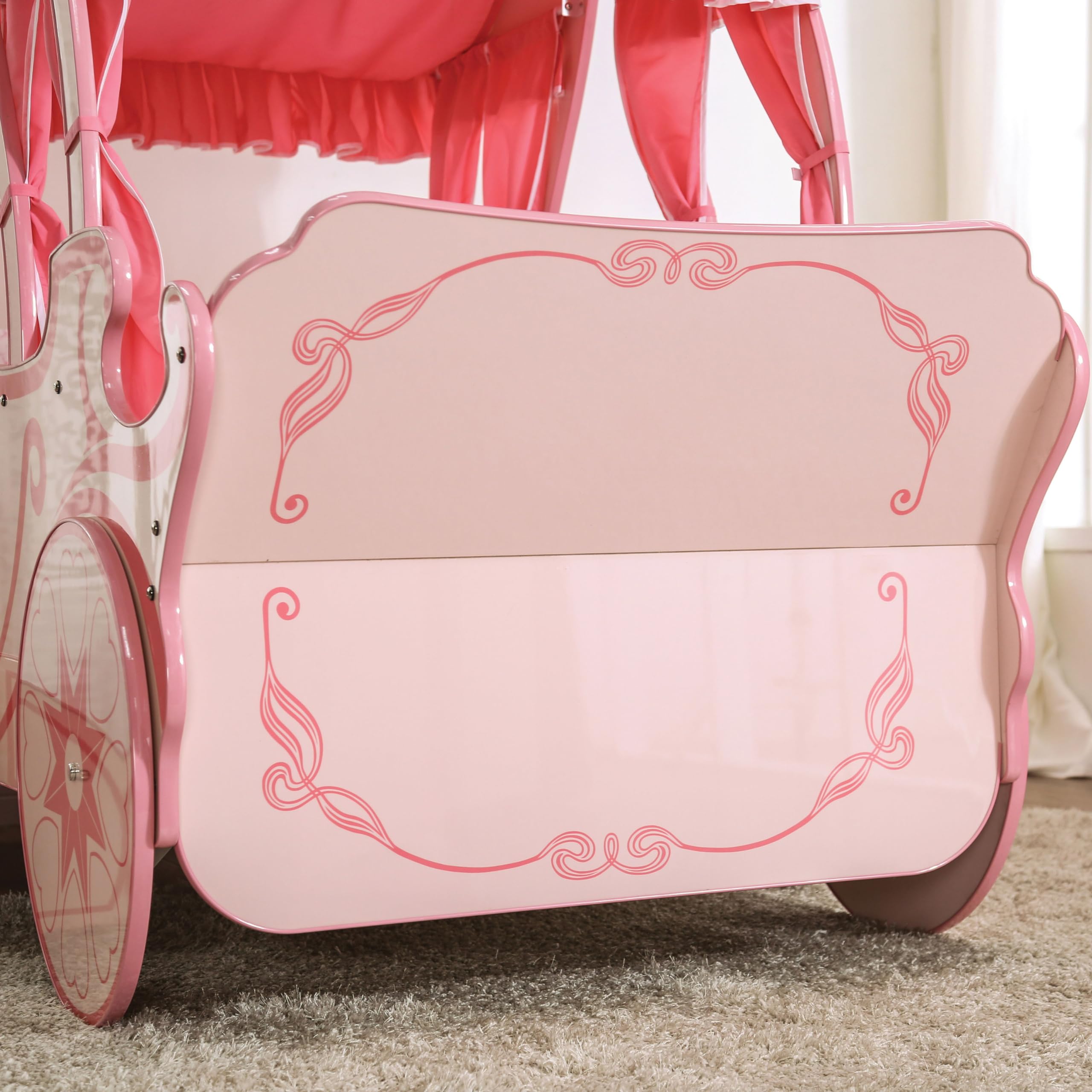 Furniture of America McHenry Twin-Size Kids Bed with Princess Carriage Design, Curtain and Slat Kit Included, Small Ladder, No Box Spring Required for Girls, Pink