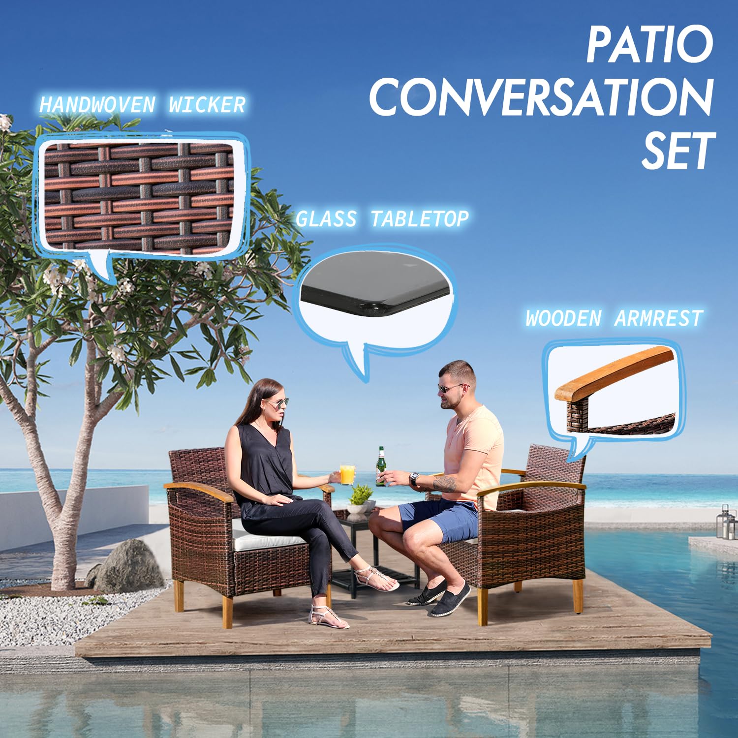 3 piece Outdoor Patio Furniture Set Outdoor Furniture Set with Table Outside Lawn Patio Chairs Set of 2 Patio Conversation Sets Bistro Wicker Patio Set for Porch Balcony Backyard Pool Deck(Brown)