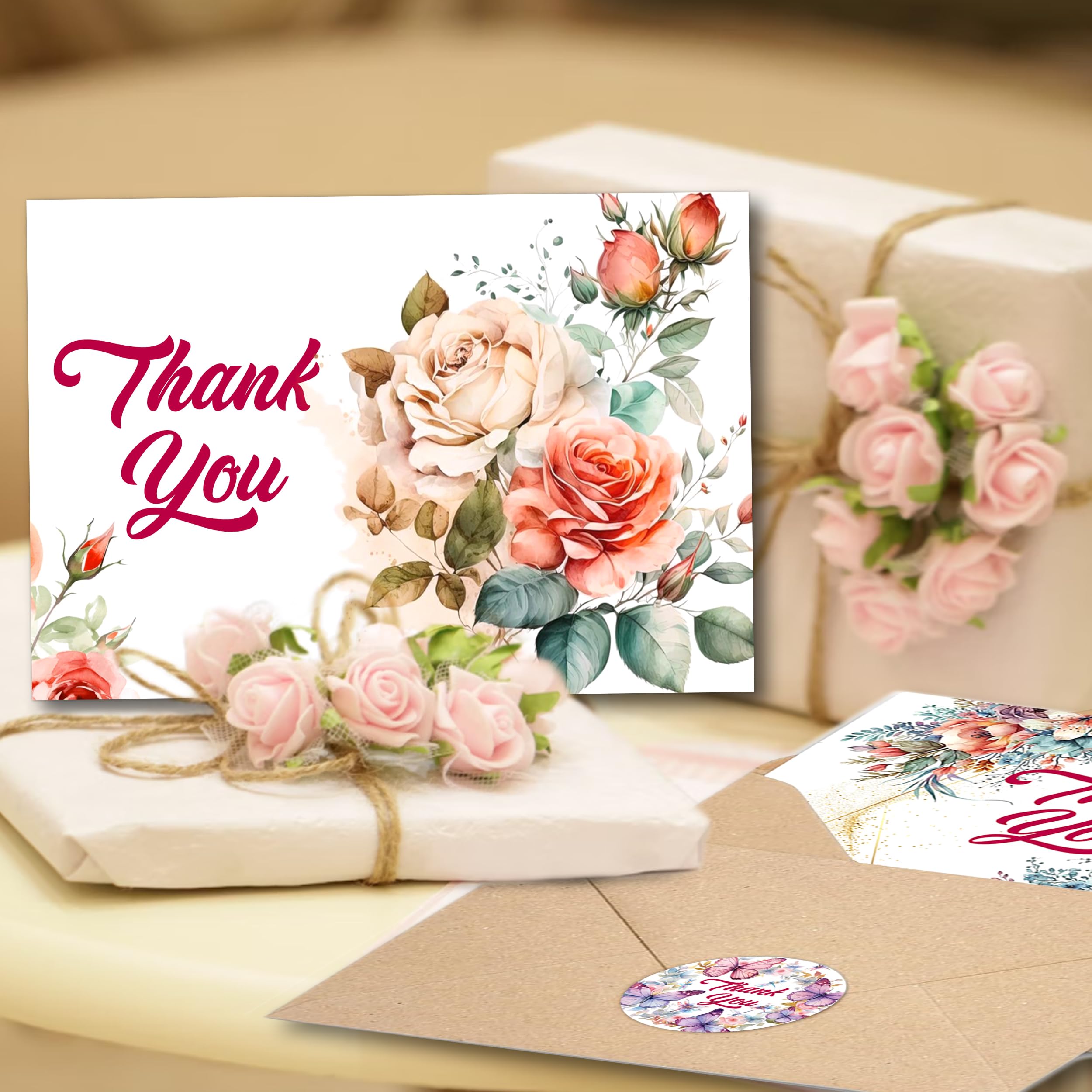 32 PCS Flower Thank You Cards with Kraft Paper Envelopes Stickers 4''x6'', Versatile Thank You Card Sets for Various Events - Birthday, Wedding, Business, Baby Shower, Graduation, Bridal Shower