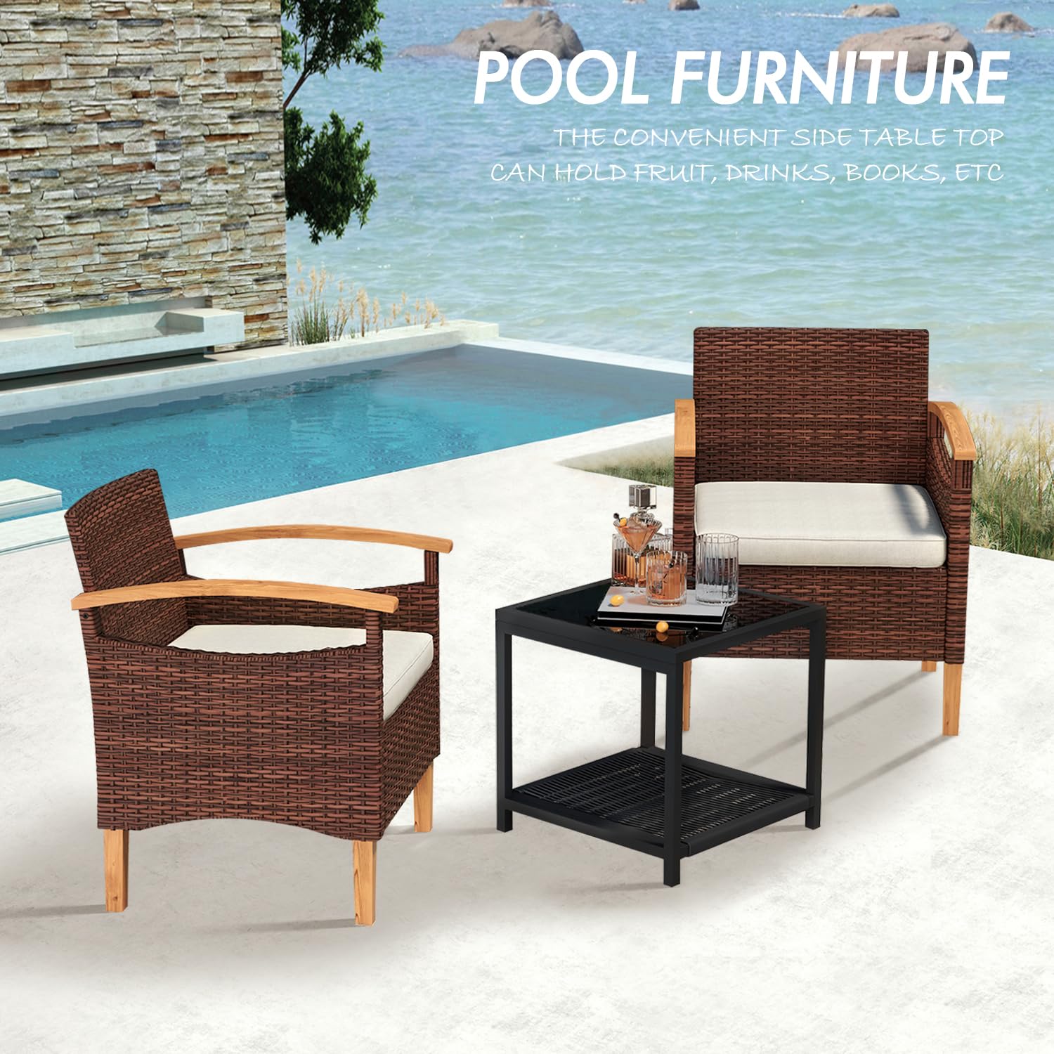 3 piece Outdoor Patio Furniture Set Outdoor Furniture Set with Table Outside Lawn Patio Chairs Set of 2 Patio Conversation Sets Bistro Wicker Patio Set for Porch Balcony Backyard Pool Deck(Brown)