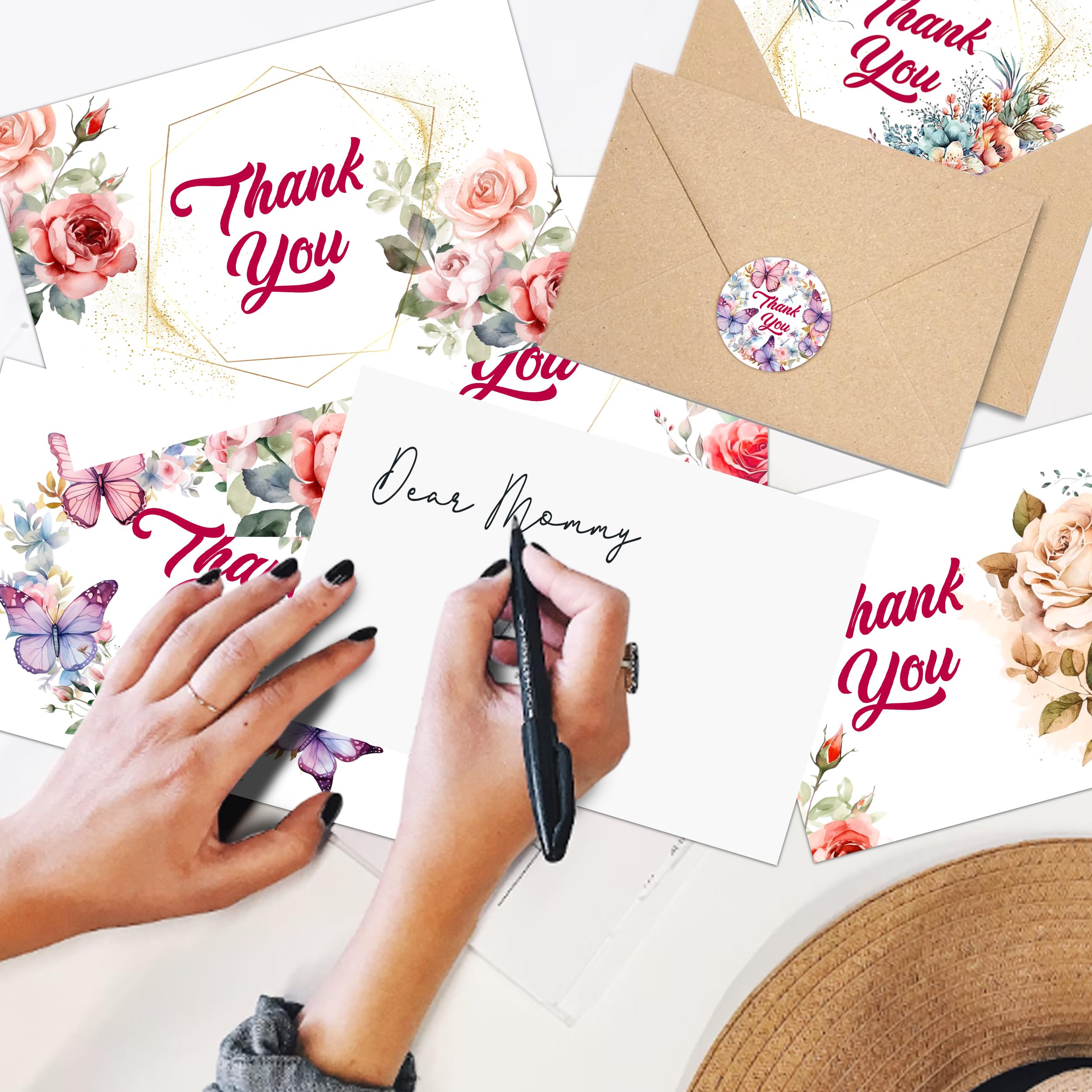 32 PCS Flower Thank You Cards with Kraft Paper Envelopes Stickers 4''x6'', Versatile Thank You Card Sets for Various Events - Birthday, Wedding, Business, Baby Shower, Graduation, Bridal Shower