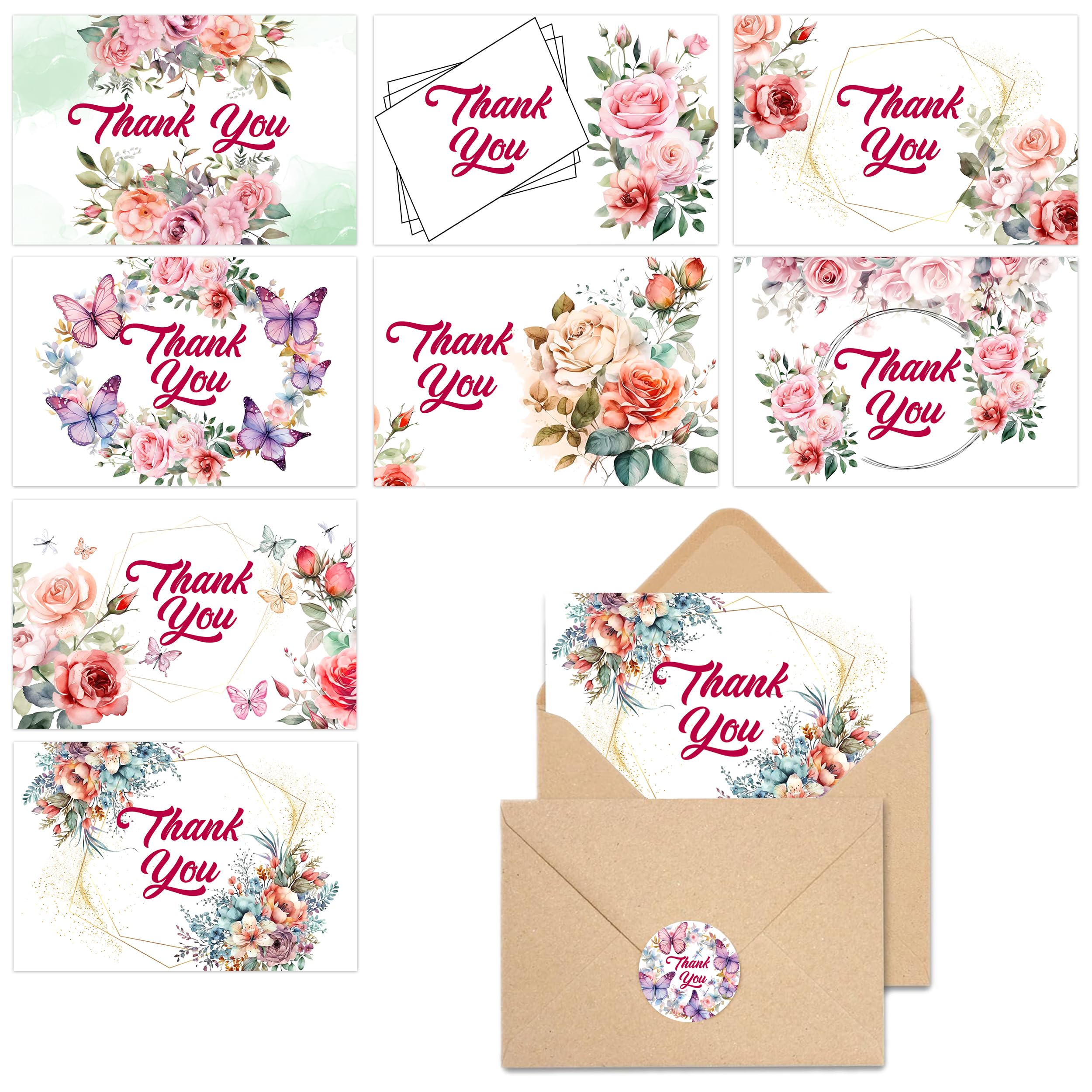 32 PCS Flower Thank You Cards with Kraft Paper Envelopes Stickers 4''x6'', Versatile Thank You Card Sets for Various Events - Birthday, Wedding, Business, Baby Shower, Graduation, Bridal Shower