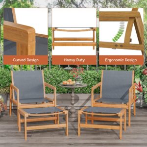 Greesum 4 Piece Furniture Outdoor Acacia Wood Chair with Ottoman for Porch, Balcony, Deck, Patio, Backyard, Gray