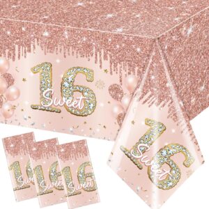 sweet 16 party decorations,3pcs sweet 16 tablecloth waterproof plastic pink rose gold birthday tablecloth for rose gold sweet 16 party decorations