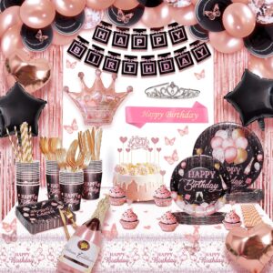 210pcs birthday decorations for women ,rose gold and black party decorations kit,happy birthday supplies set - tableware pack, balloon pump, banner, fringe curtain, latex balloons for 12 guest