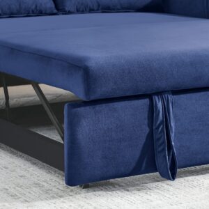 Miscoos 55" Velvet Convertible Sofa Modern Loveseat with Pull-Out Bed, Adjustable Backrest, Detachable Arm Pockets, Grid Design Armrests, and 2 Pillows-Ideal for Living Room, Blue