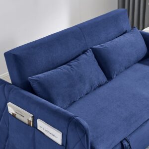 Miscoos 55" Velvet Convertible Sofa Modern Loveseat with Pull-Out Bed, Adjustable Backrest, Detachable Arm Pockets, Grid Design Armrests, and 2 Pillows-Ideal for Living Room, Blue