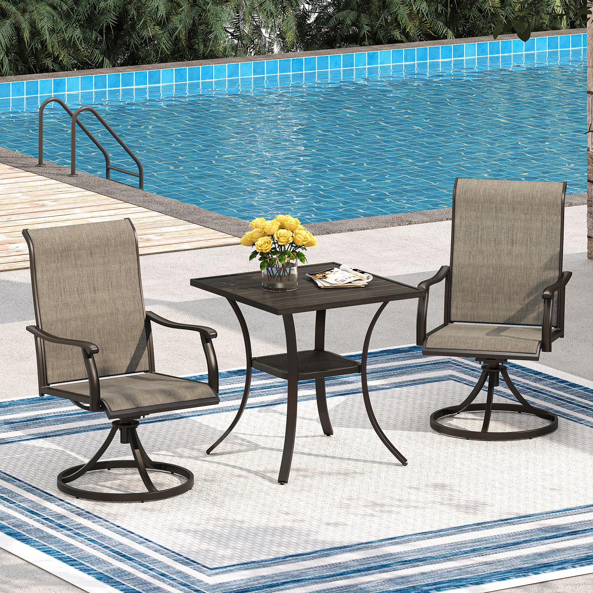 VICLLAX 3 Pieces Small Patio Dining Set, Patio Furniture with 2 Patio Swivel Dining Chairs and Black Patio Dining Table