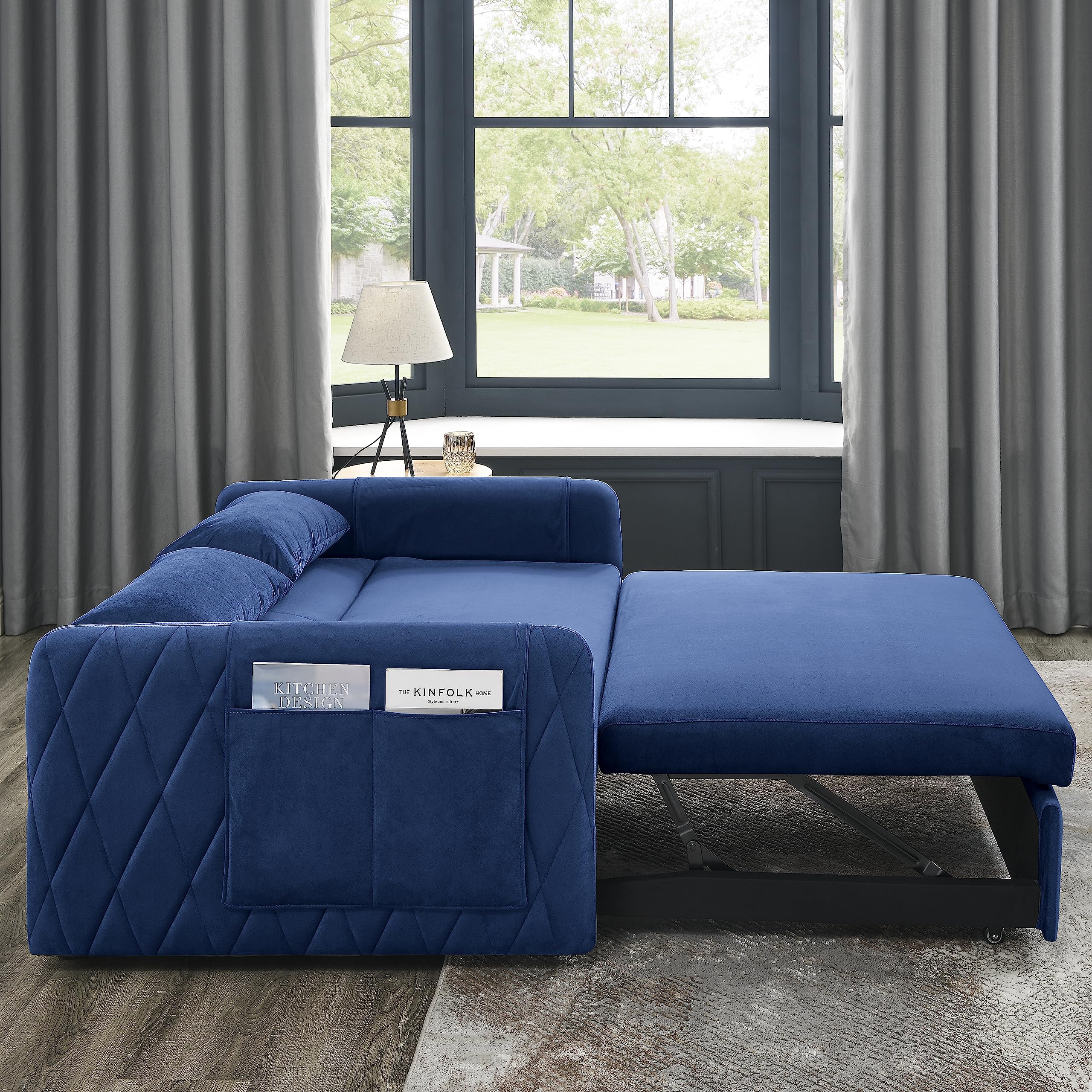 Miscoos 55" Velvet Convertible Sofa Modern Loveseat with Pull-Out Bed, Adjustable Backrest, Detachable Arm Pockets, Grid Design Armrests, and 2 Pillows-Ideal for Living Room, Blue