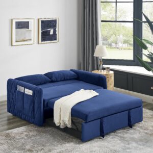 Miscoos 55" Velvet Convertible Sofa Modern Loveseat with Pull-Out Bed, Adjustable Backrest, Detachable Arm Pockets, Grid Design Armrests, and 2 Pillows-Ideal for Living Room, Blue