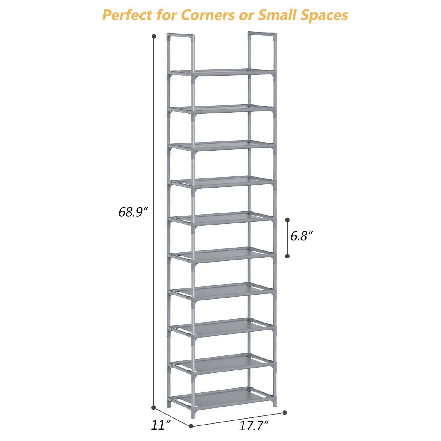 WOKKOW Shoe Rack Organizer, 10 Tier Tall Narrow Shoe Rack for Closet Entryway, Shoe Storage Shelf Holds 20-25 Pairs with Hooks, Gray