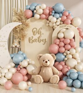 gender reveal balloon garland arch kit, 130pcs dusty pink and blue balloons arch for boho neutral theme baby shower birthday gender reveal decoration