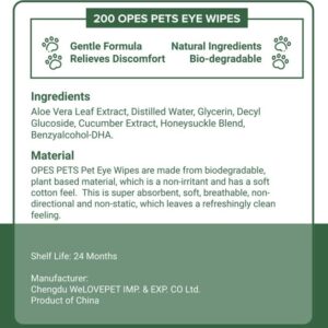 OPES Pets Cats & Dogs Eye & Face Wipes, Gently Removes Discharge, 100% Plant-Based, Biodegradable, 200 Count.