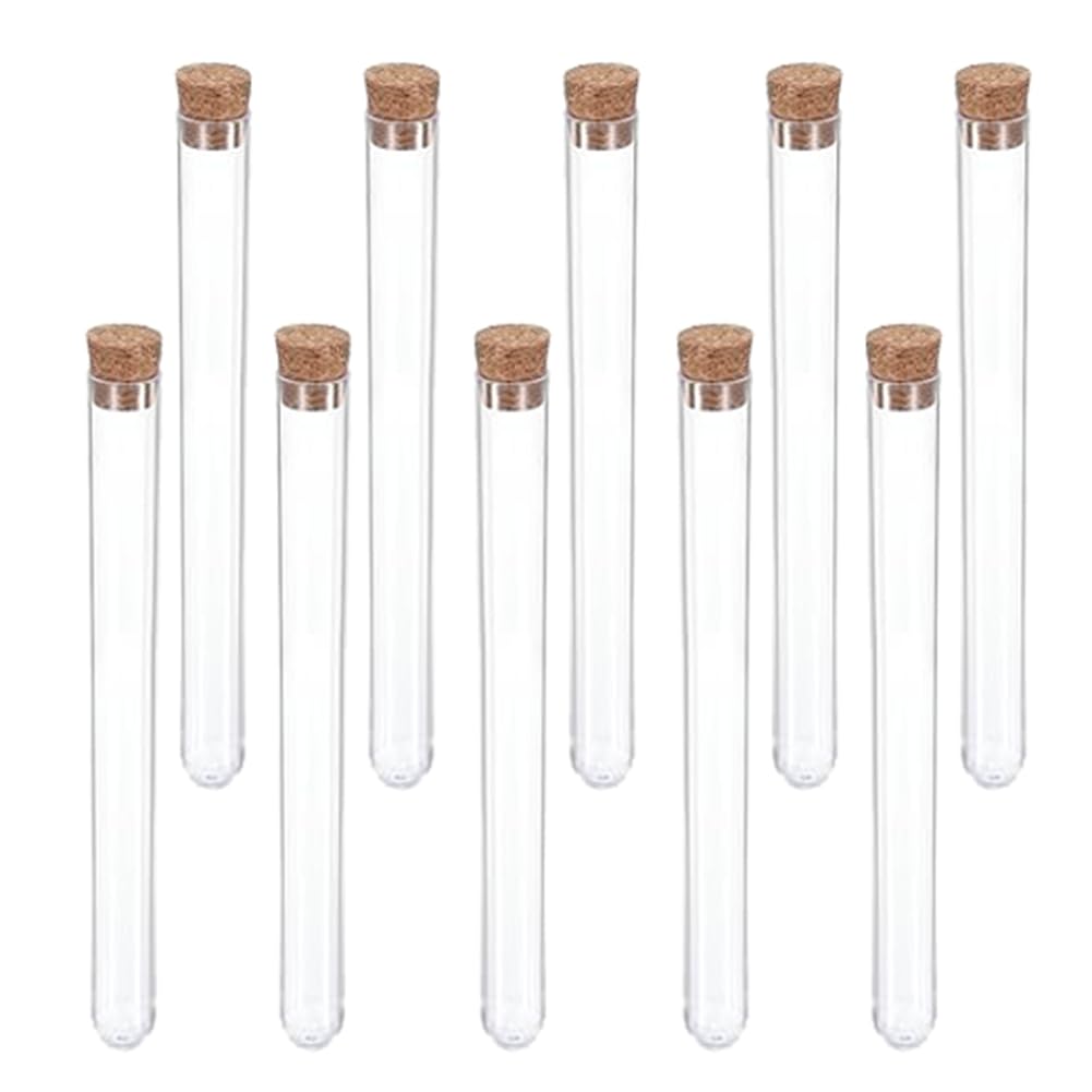 WELANGBN 10Pcs Clear Plastic Test Tubes with Cork Stoppers, 15x150mm 13ml, Good Seal for Jewelry Seed Beads Powder Spice Liquid Storage, Lab Use or Decoration