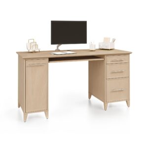 realspace® koru 60"w straight computer desk with integrated power & charging, natural oak