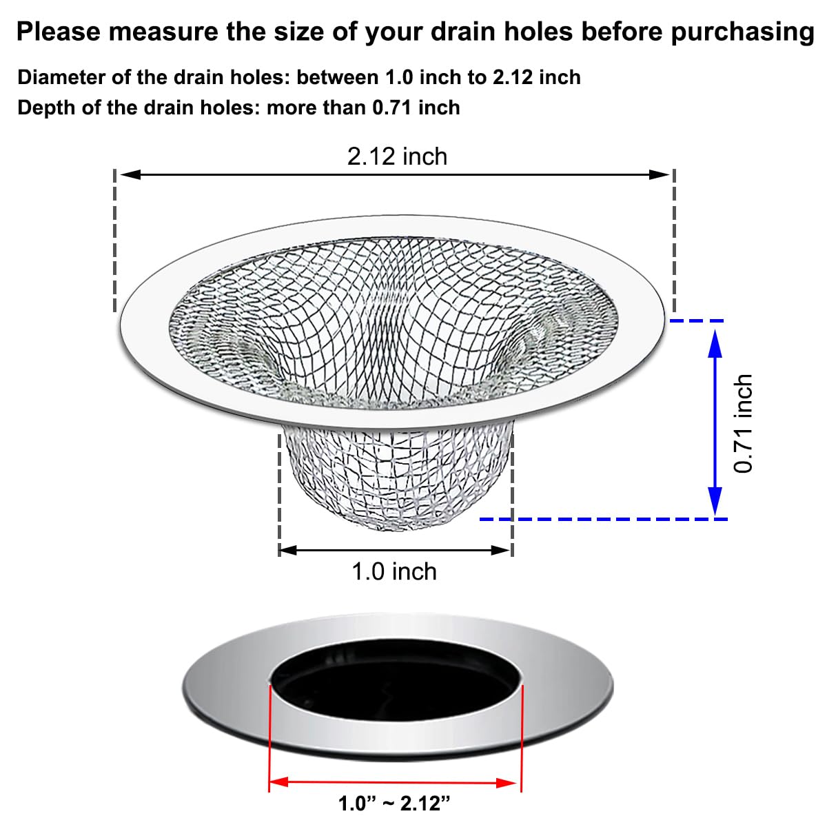 Seatery 2PCS Tub Drain Hair Catcher - 2.75 inch Shower Drain Mesh Strainer, Stainless Steel Shower Bathtub Drain Cover, Bathroom Sink Strainer Filter Basket for Bathroom Sink, Wash Basin Floor Drain