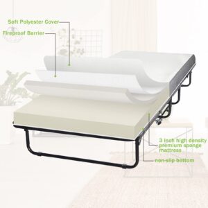 Folding Bed with Wheels, Folded Bed with Metal Slats, Portable Cot with 3.9 Inch Memory Foam Mattress, Roll Away Beds with Mattresses for Adults, 75L*30W*12H, Fold Up Bed for Easy Storage, White